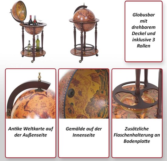 Mini Bar Globe HWC-T874 | Eucalyptus Houten Wijnrek met Rolmechanisme | bol