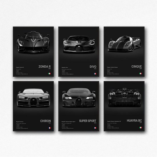 Set van 6 Supercar Posters voor jongensslaapkamer - Moderne Kunstprints ...