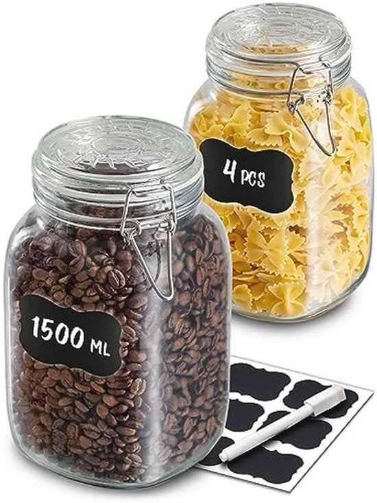 4 tin jars with hinged stopper 1.5l - With labels, pen and additional ...