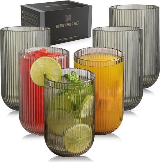 Set van 6 hoge bal glazen 410 ml - Origami stijl geribbelde drinkglazen ...