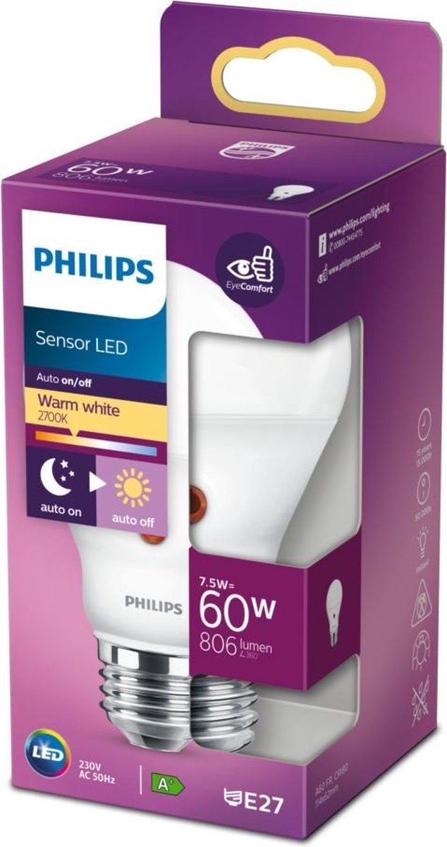 Philips Sensor LED Lamp 60W E27 Warm Wit | bol