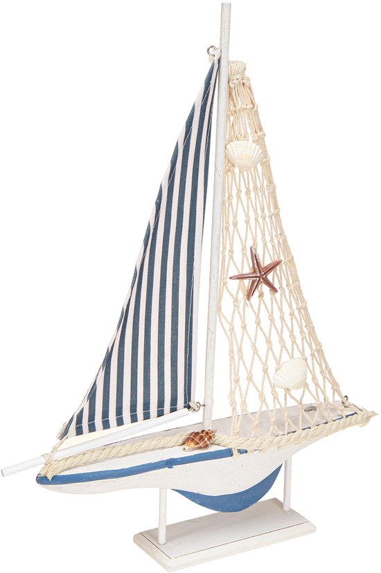 Decoratieve zeilboot houten schelpen wit blauw L26.5cm H37cm | bol