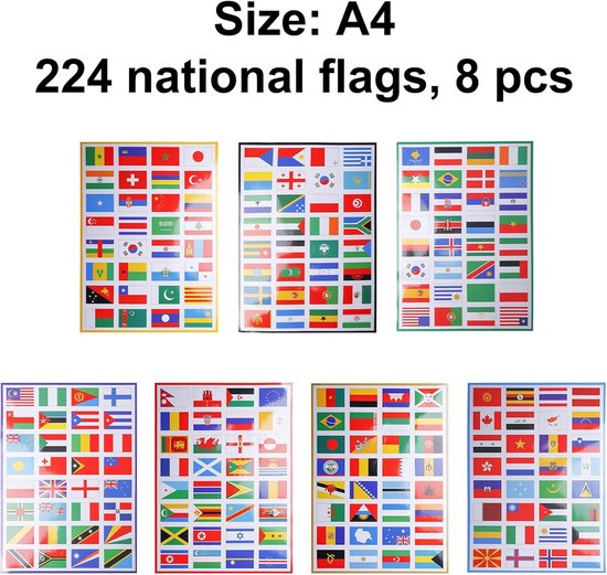 224 Landenvlaggen Stickersets op 7 A4 Vellen, Duurzame Waterdichte ...