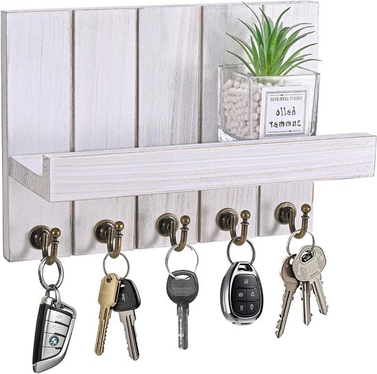 Muur Sleutelhanger Muurdecoratie Kapstok met Plank en 5 Haakjes voor ...