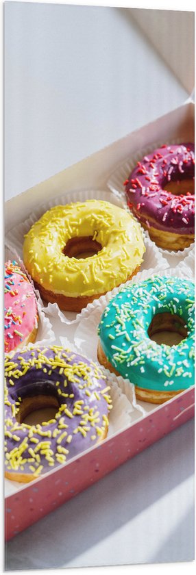 Vlag - Gekleurde Donuts met Spikkels in Roze Doos - 50x150 cm Foto op Polyester Vlag | bol