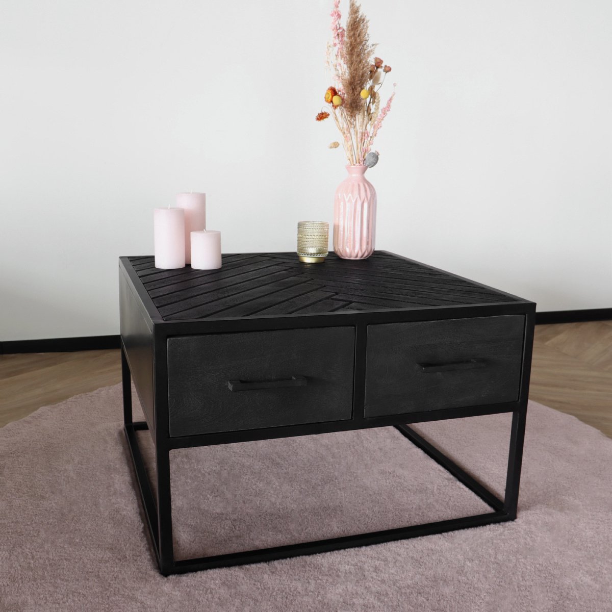 Salontafel industrieel mangohout 70cm Besti zwart visgraat side table 2 ...