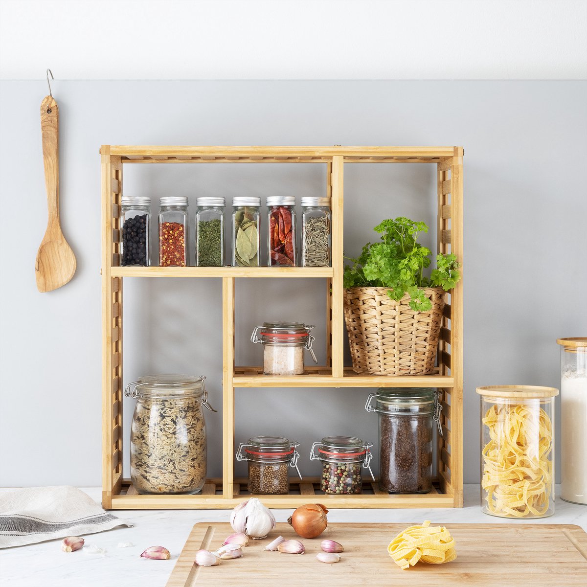 Navaris wandrek met 5 opbergvakken - Bamboe opbergrek - Vierkant houten ...