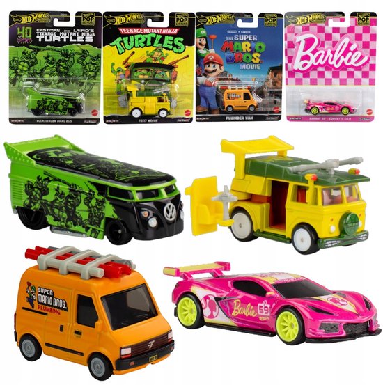 Hot Wheels popcultuurset: Ninja Turtles, Mario, Barbie | bol