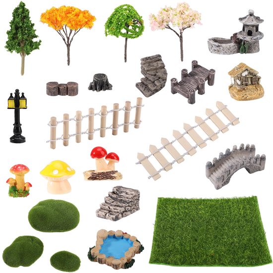 23-delige Miniatuurtuinaccessoires - Resin Mini Brug, Hek, Vijver ...