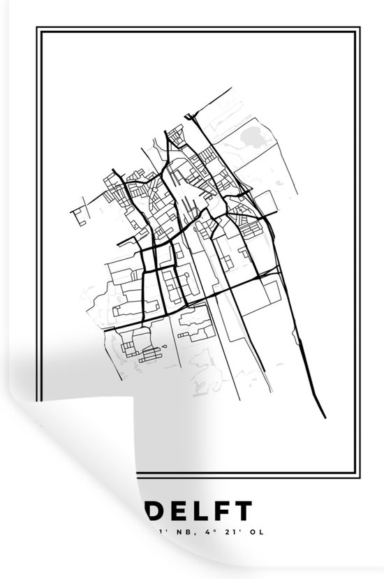 Muurstickers - Sticker Folie - Stadskaart – Zwart Wit - Kaart – Delft ...