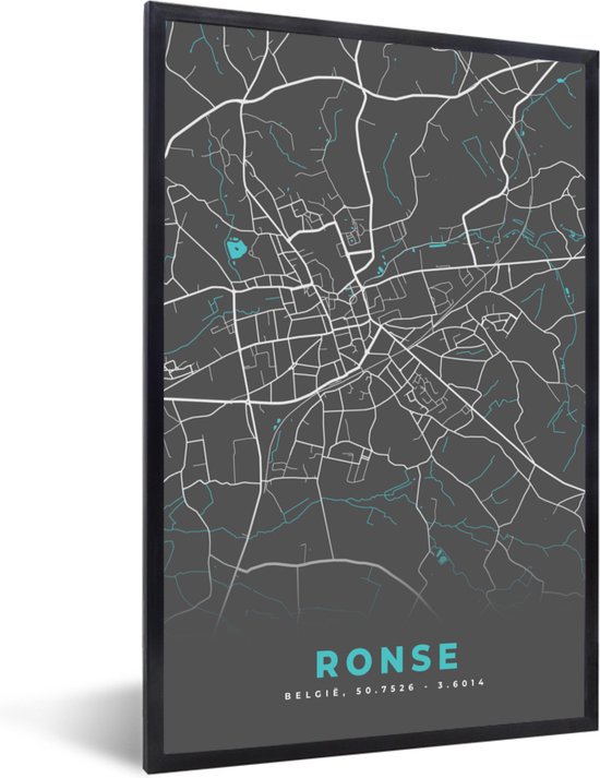 Fotolijst incl. Poster - België – Ronse – Stadskaart – Kaart – Blauw ...