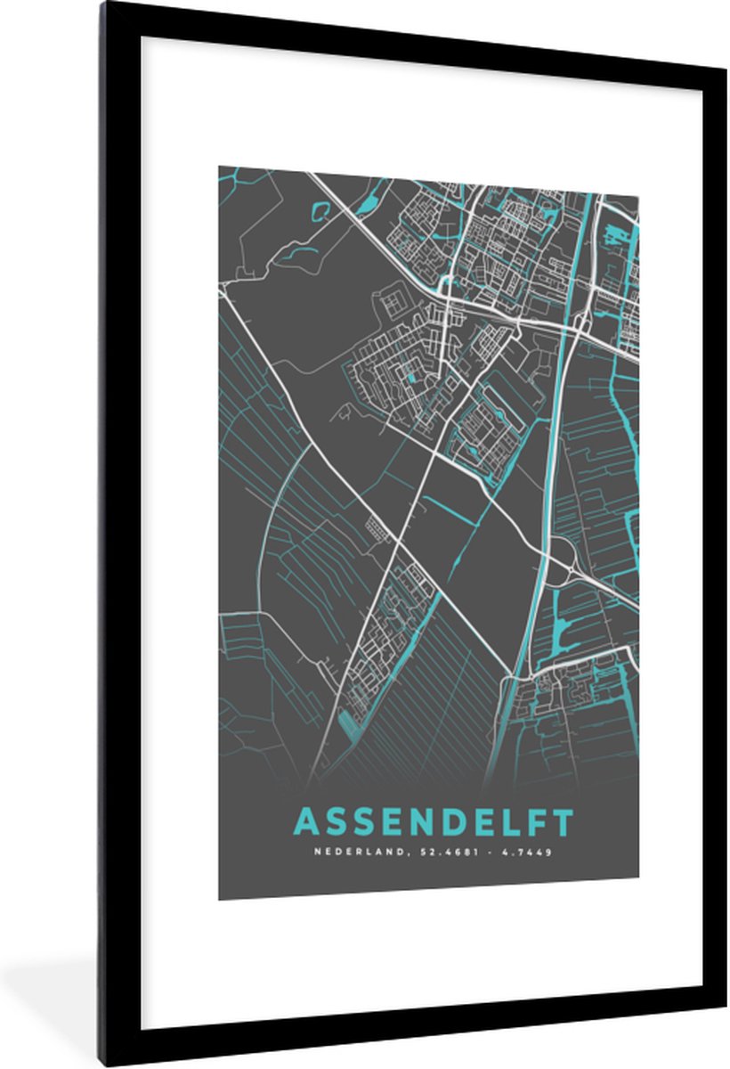 Fotolijst incl. Poster - Assendelft - Stadskaart - Blauw - Kaart ...