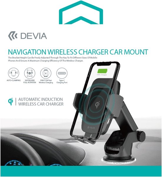 Devia Wireless Charging 10W Dashboard Telefoonhouder Auto met Klem ...