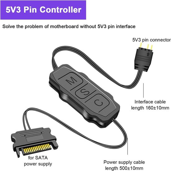 3-pins ARGB Controller Kit voor PC met SATA-voeding - Rainbow LED-strip ...