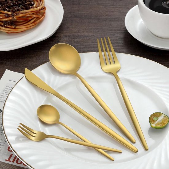 36-delige gouden bestekset met steakmes, bestekset voor 6 personen met ...