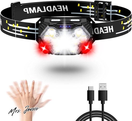 Mrs. Jones Led hoofdlamp 2000 lumen - oplaadbaar USB-C - rood licht & bewegingssensor... | bol