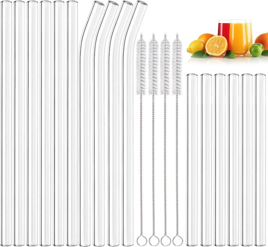 Herbruikbare Glazen Rietjes Set - 20 Stuks met Korte, Lange en Gebogen ...