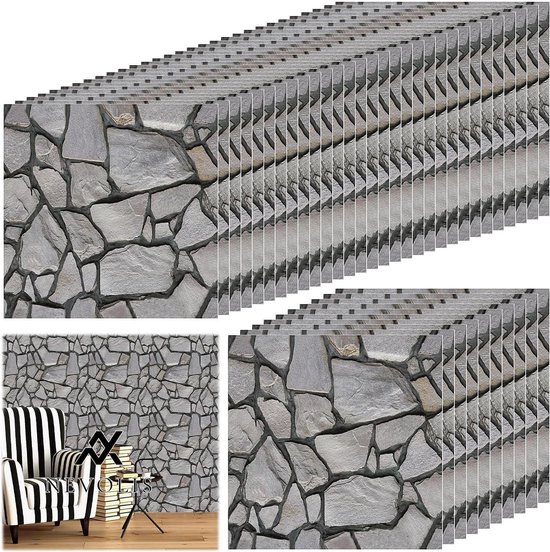 Nevolis Pack of 40 Wall Cladding Stone Look 30 x 30 cm - Waterproof PVC ...