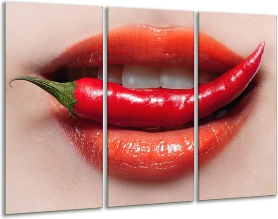GroepArt - Schilderij - Vrouw, Lippen - Rood, Crème - 120x80cm 3Luik ...