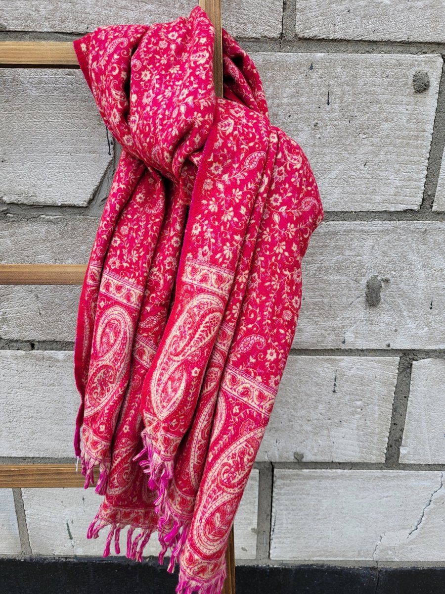 Nepal Omslagdoek Plaid Sjaal Yak Wol (200 x 100 cm) Rood/Paars/Roze ...