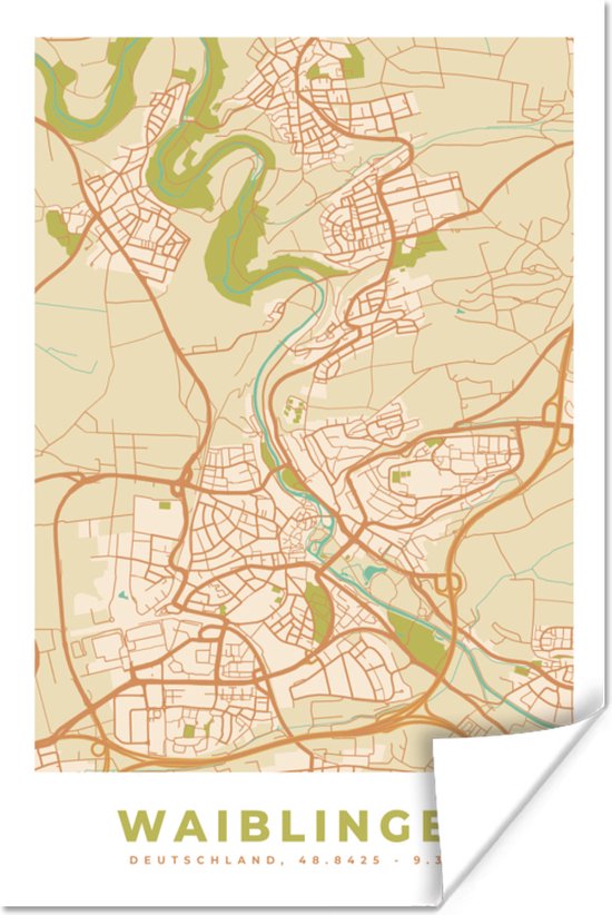Poster Plattegrond - Waiblingen - Vintage - Kaart - Stadskaart - 80x120 ...