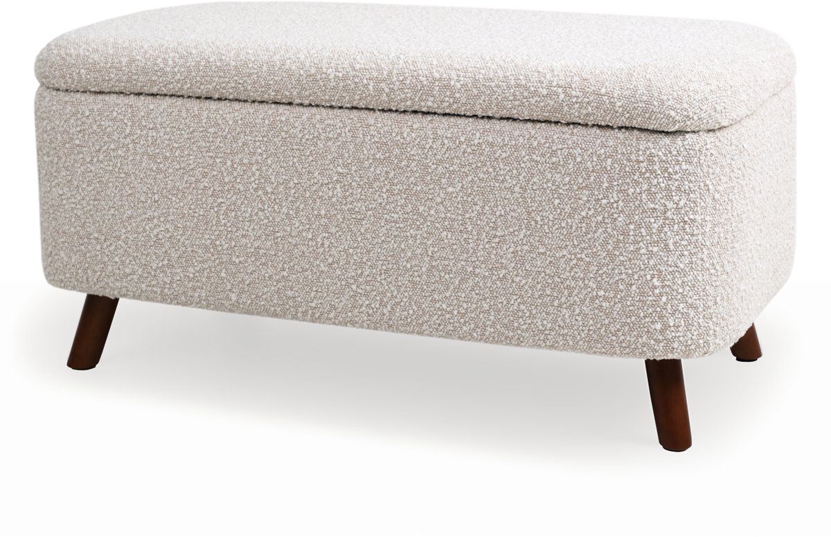 Nolon Julia Bankje Bouclé Beige - met Opbergruimte - Houten Poten ...