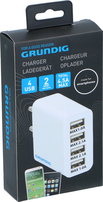 Grundig USB Lader 4 Poorten - USB Adapter 230V - Incl. 1.0A en 2.1A USB ...