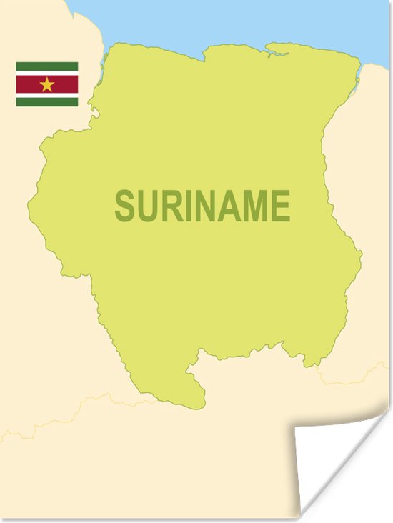 Poster De kaart van Suriname geïllustreerd met de vlag ernaast - 60x80 ...