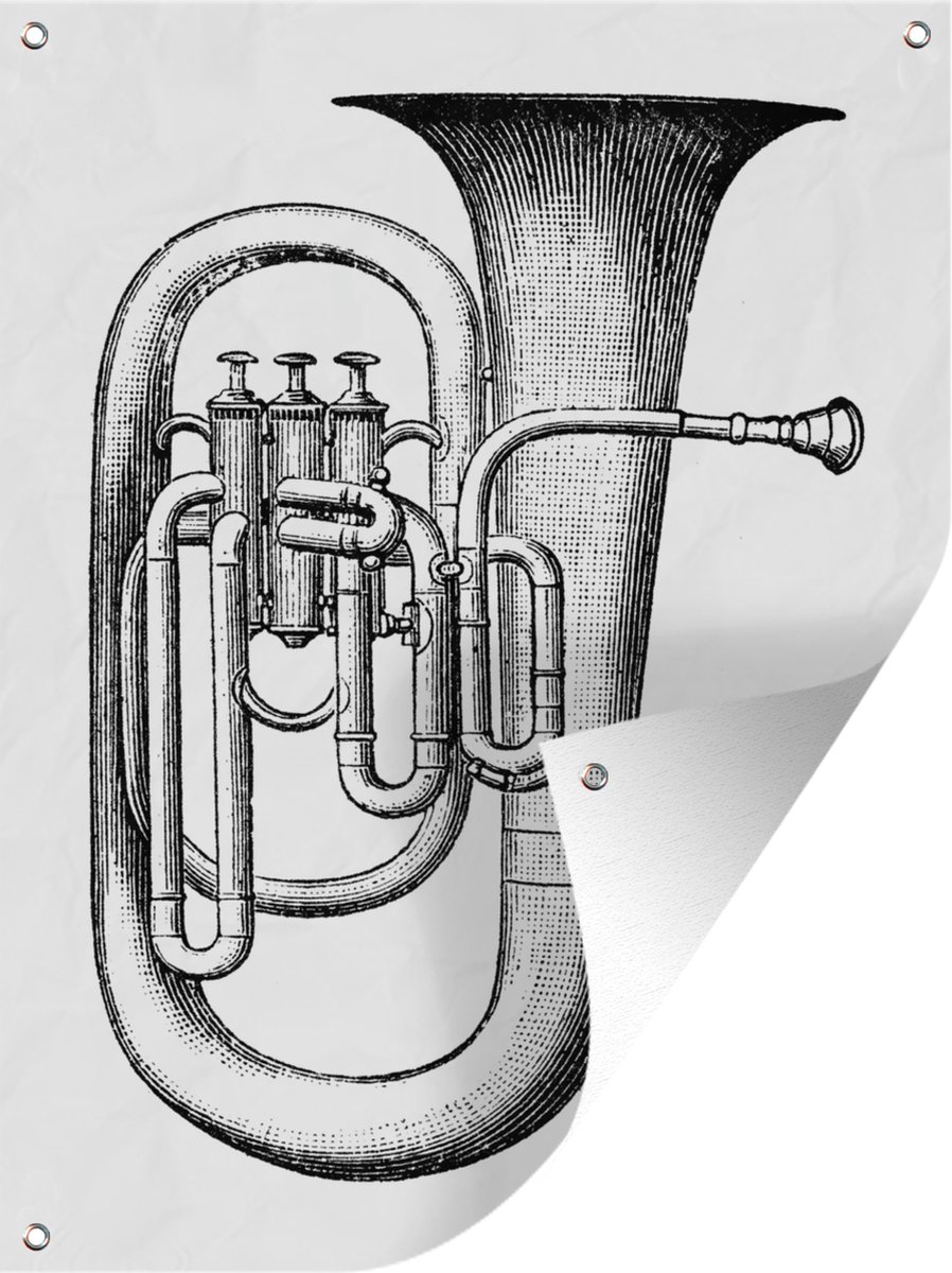 Tuinschilderij Een antieke illustratie van een tuba op een witte ...
