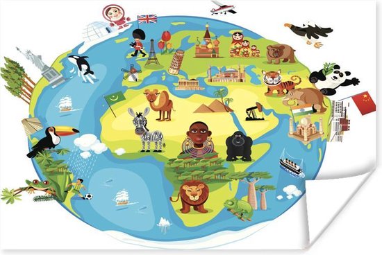 Poster - Een cartoontekening van een ronde wereldkaart - 40x30 cm | bol.com
