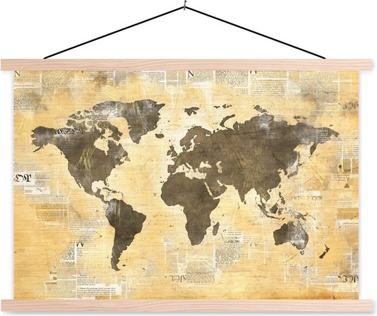 Schoolplaat - Textielposter - Wereldkaart - Krant - Gouden - 90x60 cm - Textiel poster | bol.com