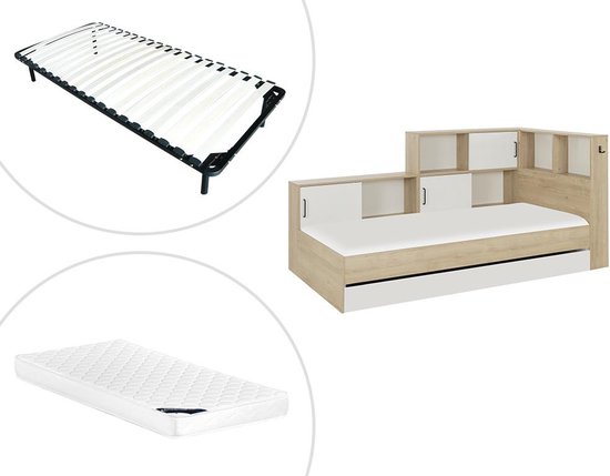 Bed met opbergruimte en laden - 90 x 200 cm - Kleur: wit en eik + bodem ...