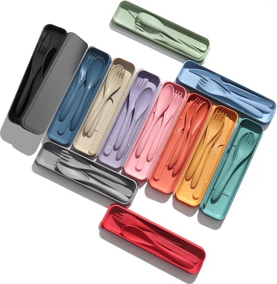 Herbruikbare plastic bestekset - 12-delige set met etui voor camping en ...
