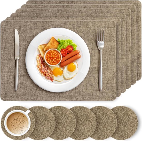 Placemats en onderzetters van PU-leer - Set van 6 gouden placemats met ...
