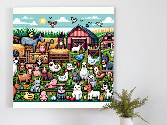 Pixel art vee schilderij | Digitale dierenboerderij: een kleurrijk ...