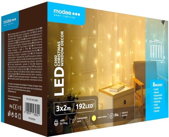 Modee Lighting - LED Kerstdecoratie voor Raam - 192 LED's - 3 x 2 Meter - Warm Wit -... | bol
