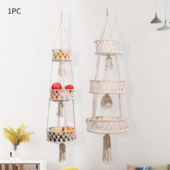 Hangende fruitmand met 3 niveaus gevlochten macramé - op te hangen - fruit en groente... | bol
