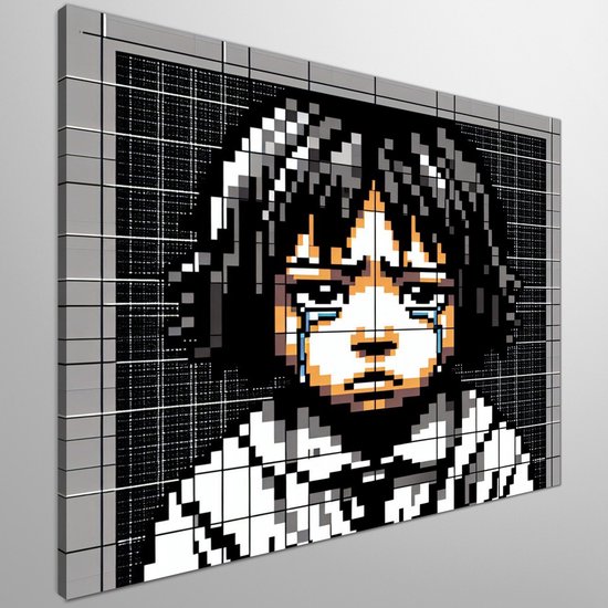 Pixel art huilend kind schilderij | Tranen van pixels sieren het gezicht van een... | bol