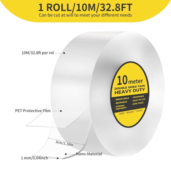 Dubbelzijdige Tape 10 Meter Transparant Extra Sterk voor Thuis Keuken Auto en... | bol