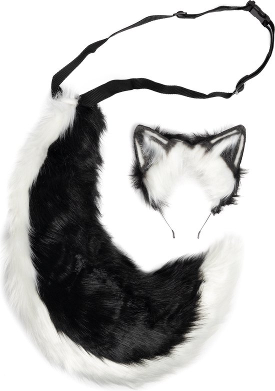 KIMU Haarband Furry Oren & Staart Set Zwart Wit - Stinkdier Kat Poes ...
