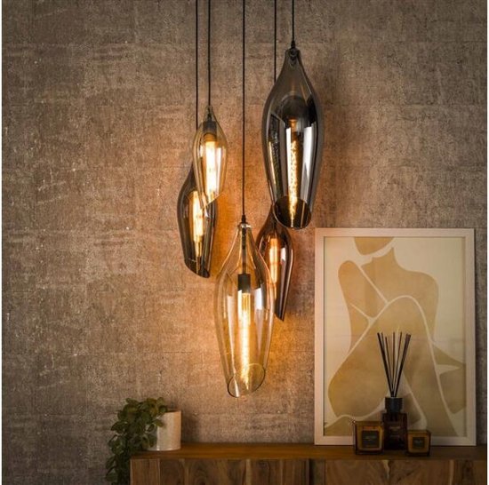 Hanglamp Cocoon 5 Lampen met Mix Glass Getrapt Design Eetkamer ...