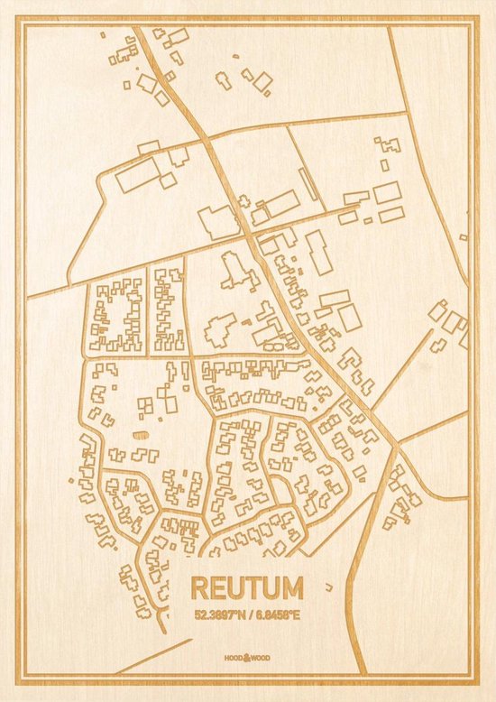 Kaart Reutum - Gegraveerde stadskaart Hood&Wood - Hout, A4 | bol.com