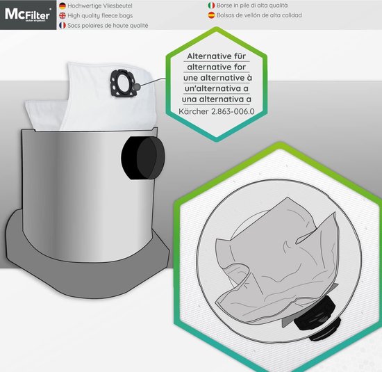 McFilter 10 vliesfilterzakken - 2 vlakvouwfilters voor Kärcher WD4 WD5 ...