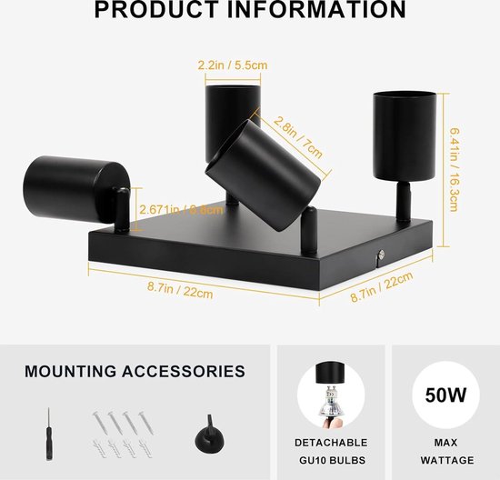 4 Light Adjustable Ceiling Spotlight - Modern Square Black LED - Indoor ...