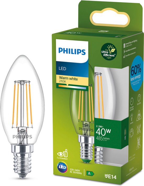 Philips Ultra Efficient LED kaarslamp Transparant - 40 W - E14 - Warmwit licht -... | bol
