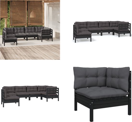 vidaXL 6-delige Loungeset met kussens grenenhout zwart - Loungeset ...