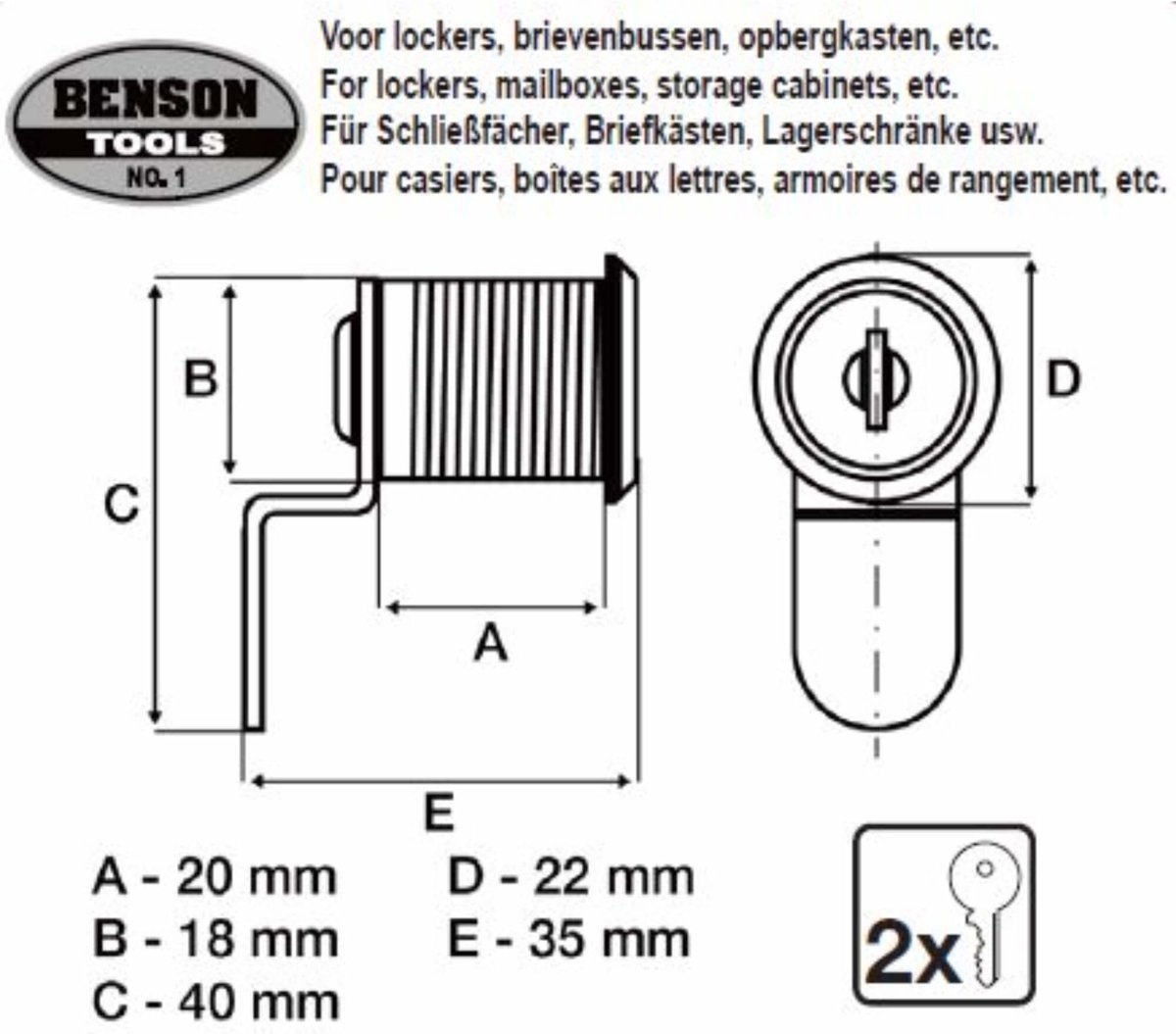 Benson Kantelslot - Lockerslot - 18 x 20 mm - Inclusief 2 Sleutels ...