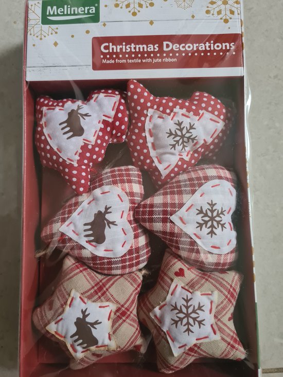MELINERA Kerstdecoratie - 6 stuks textiel en jute lint - 7x7 cm | bol