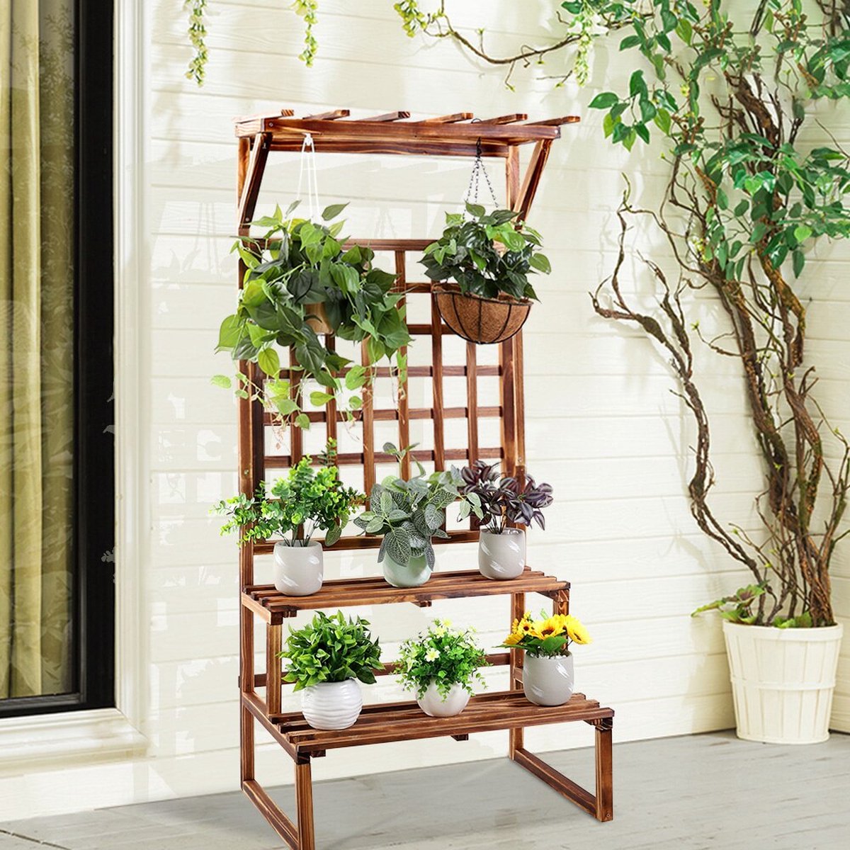 Plantenrek - 2 Tier Ladder - Verkoolde Grenen Hout - Ingemaakte ...