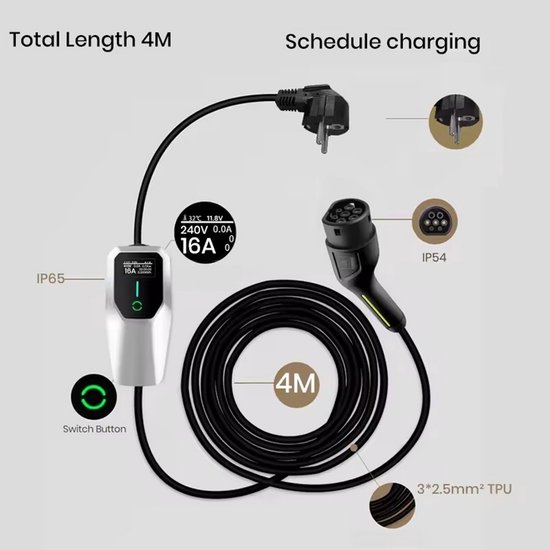 MoTronics by Junsun SYB 3.5KW 4M Type 2 EV Laadkabel – 16A – 3.5kW – 4M ...